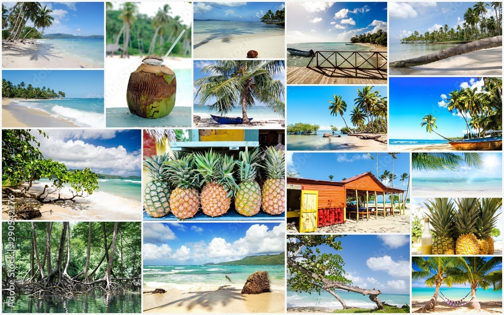 Collage from views of the Caribbean beaches, amazing landscape of ...