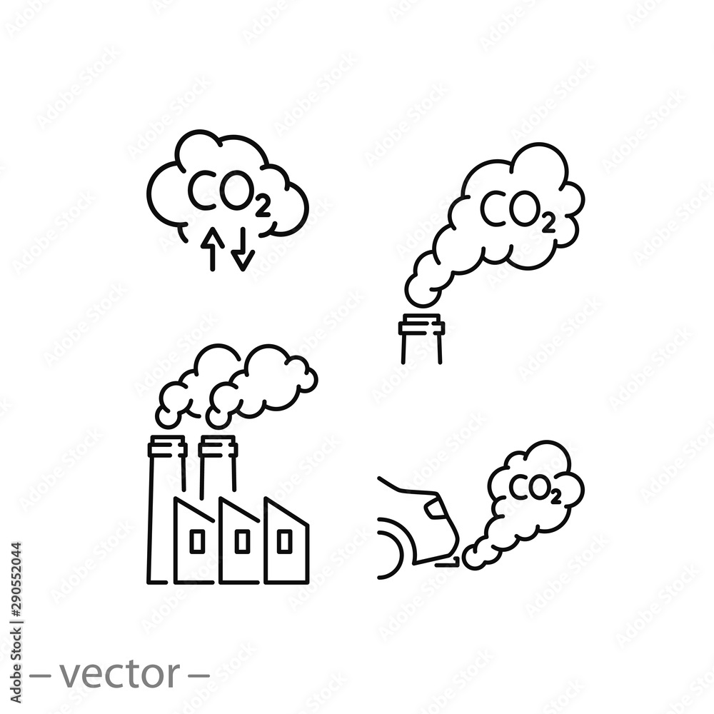 smoke icon set, air pollution, co2, thin line web symbols on white ...