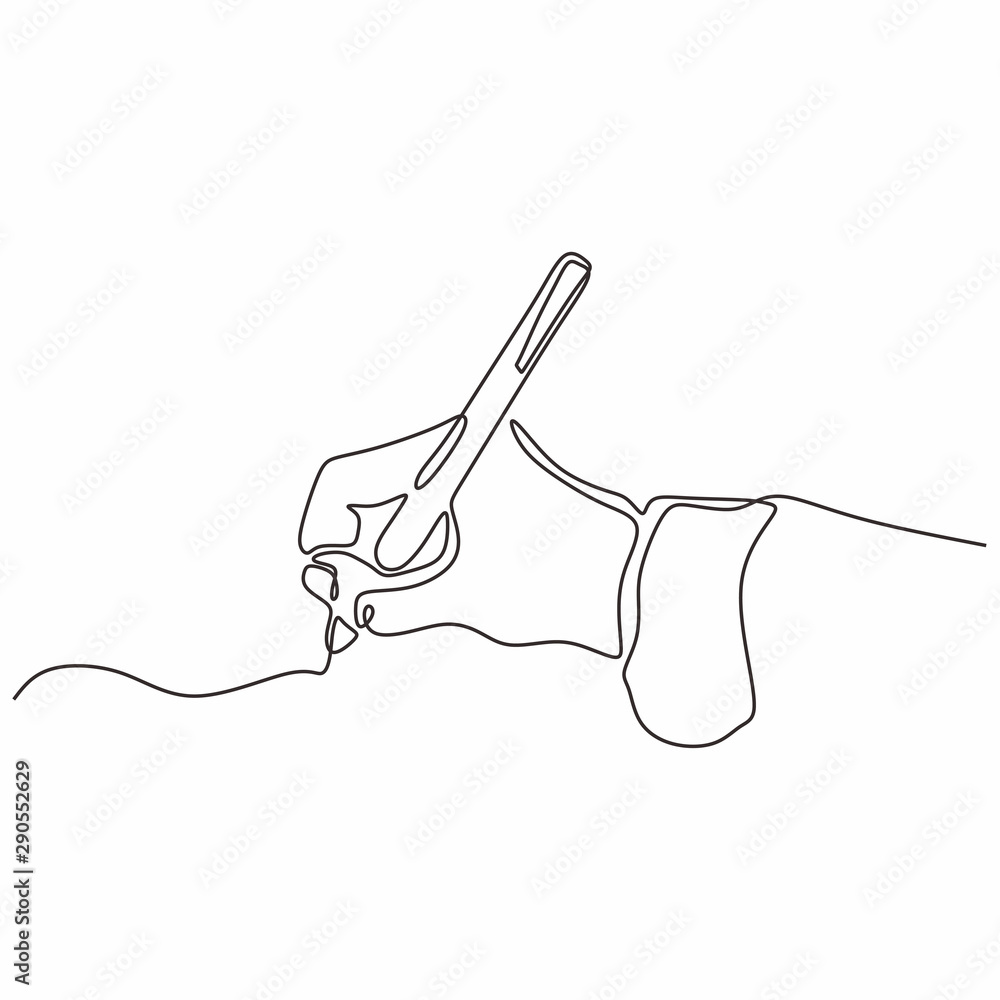 Single one line drawing of hand writing with a pen on paper vector ...