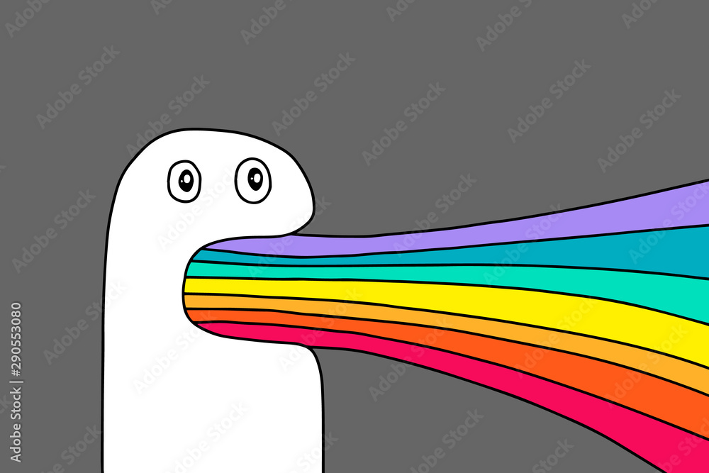 Big white creature vomit rainbow hand drawn vector illustration in ...