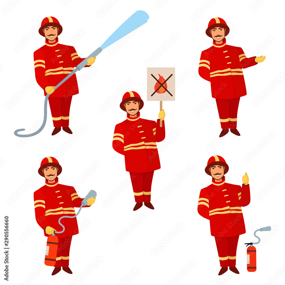 Firefighter cartoon men with a fire extinguisher, hose, fire fighting ...