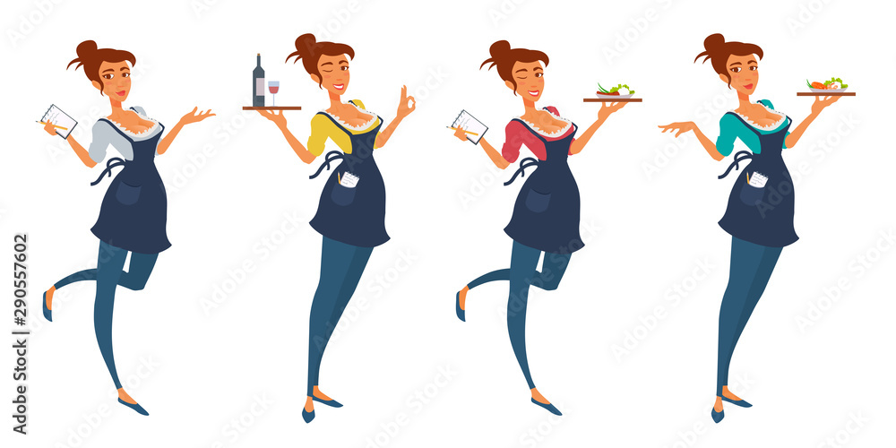 Cute young waitress girl in uniform holding a tray of food, notepad ...