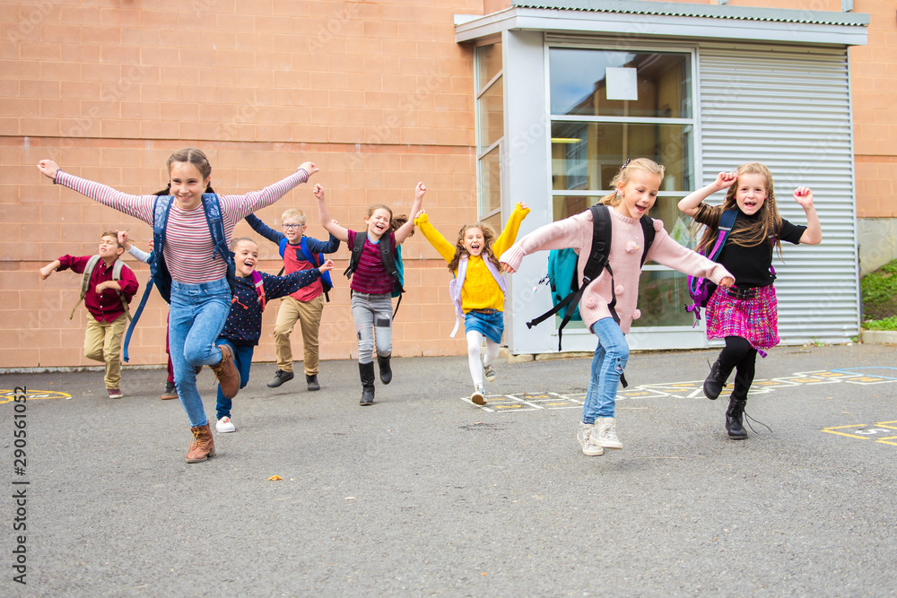 Poster group of kids on the school background having fun – Wall Art ...