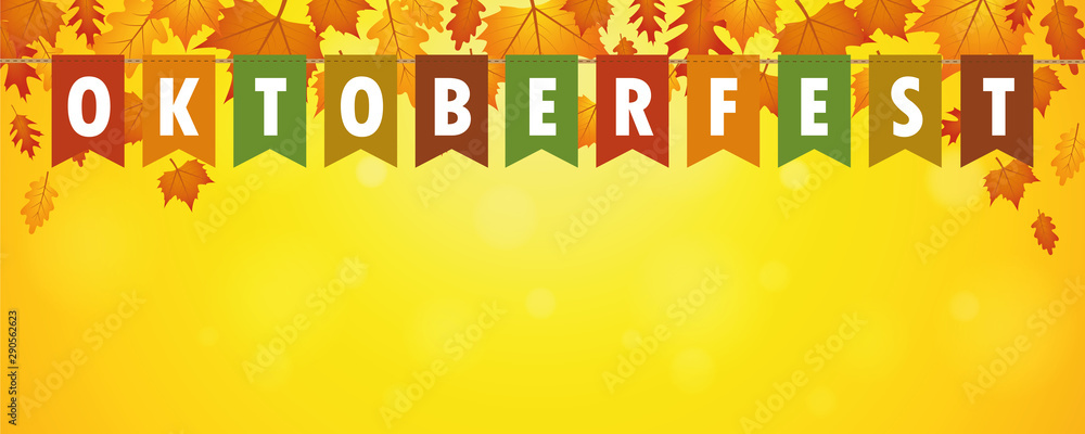 oktoberfest party flags banner on yellow background with falling leaves ...