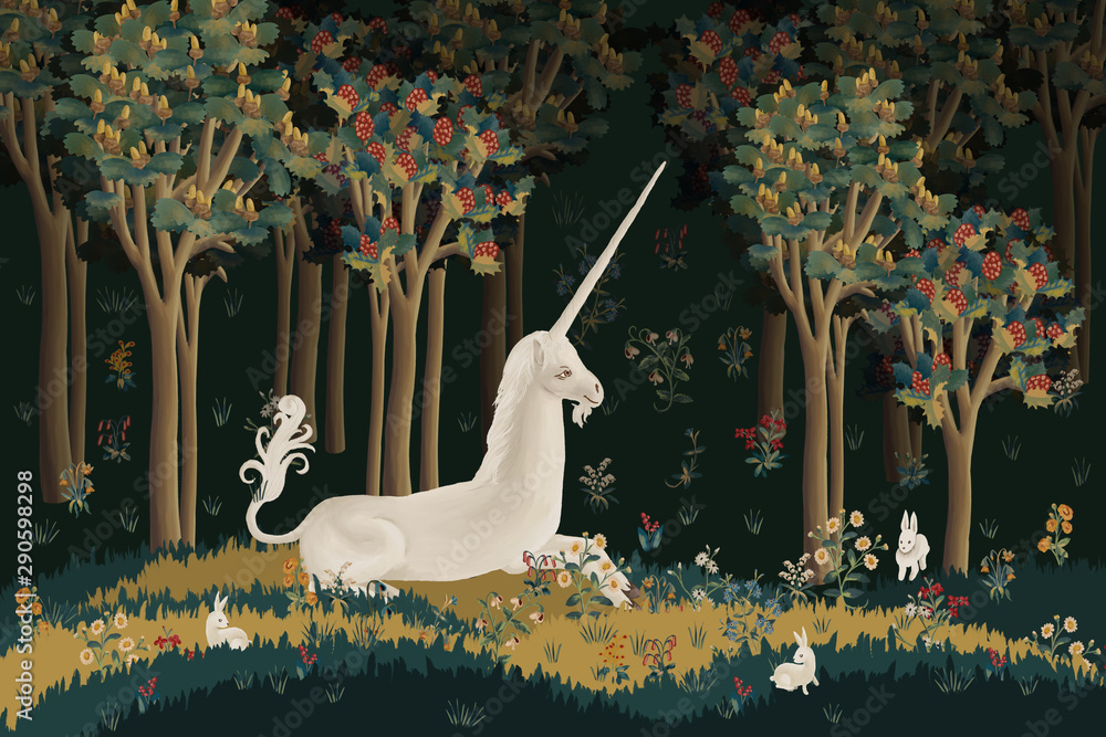 Unicorn rest poster. Illustration in medieval tapestries style Stock ...