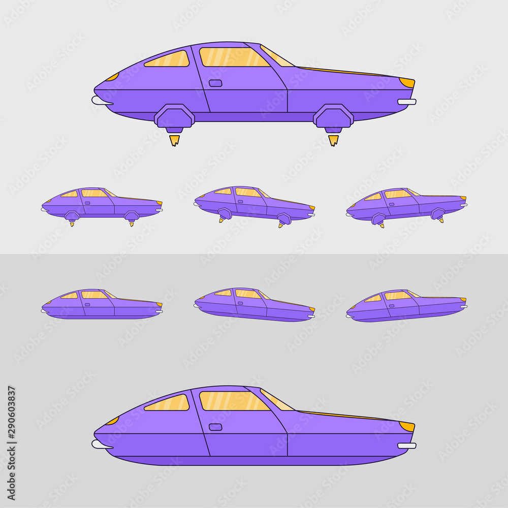 Retro futuristic flat style flying car design. 2d game retro flying car ...