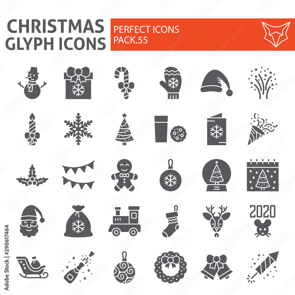 Christmas glyph icon set, holiday symbols collection, vector sketches ...