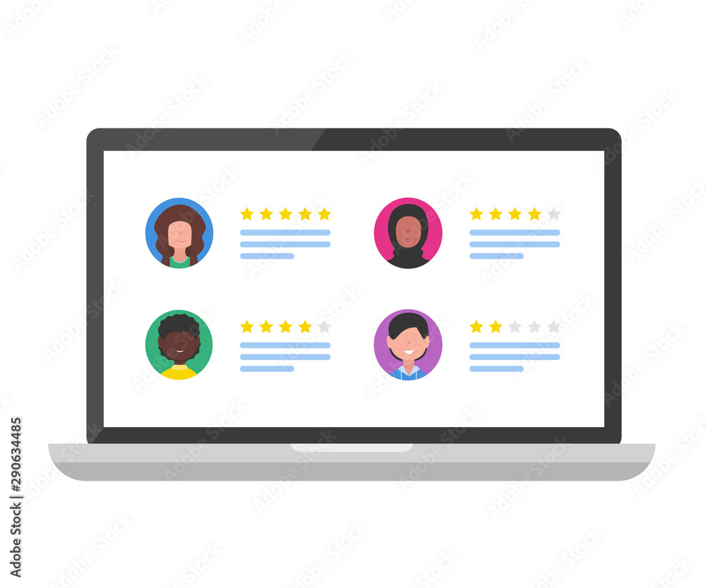 Laptop with customers review messages and rating stars. Flat vector ...