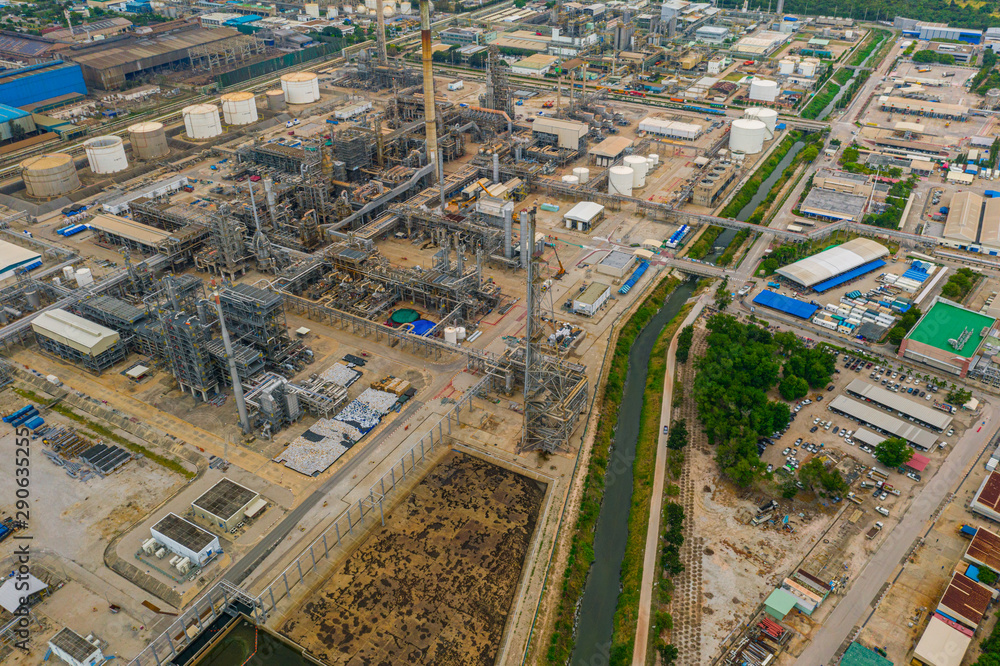 Aerial view of oil and gas industrial in Rayong province. Refinery ...