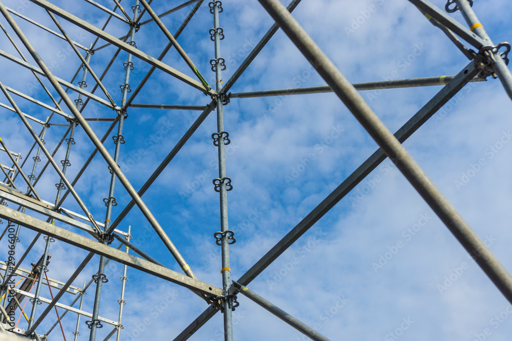 Metal girder extensive scaffolding providing platforms for stage ...
