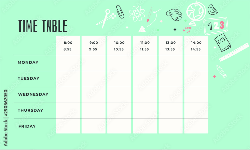 Template school timetable with days of week and free spaces for notes ...