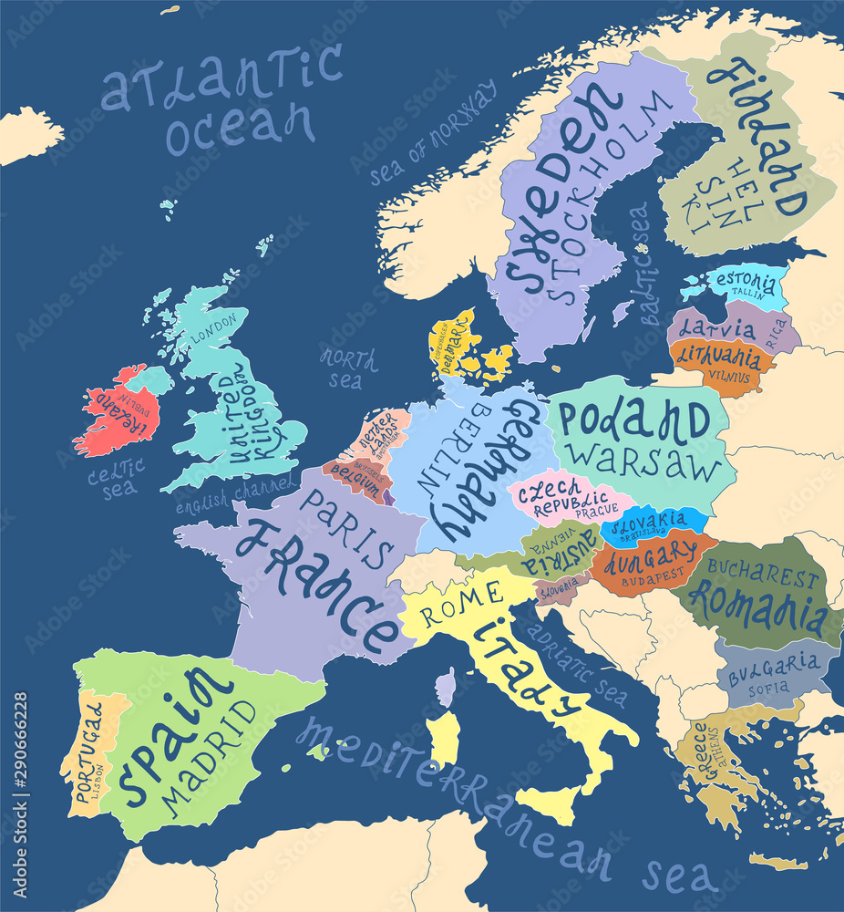 Map of Europe with hand drawn lettering Stock Vector | Adobe Stock