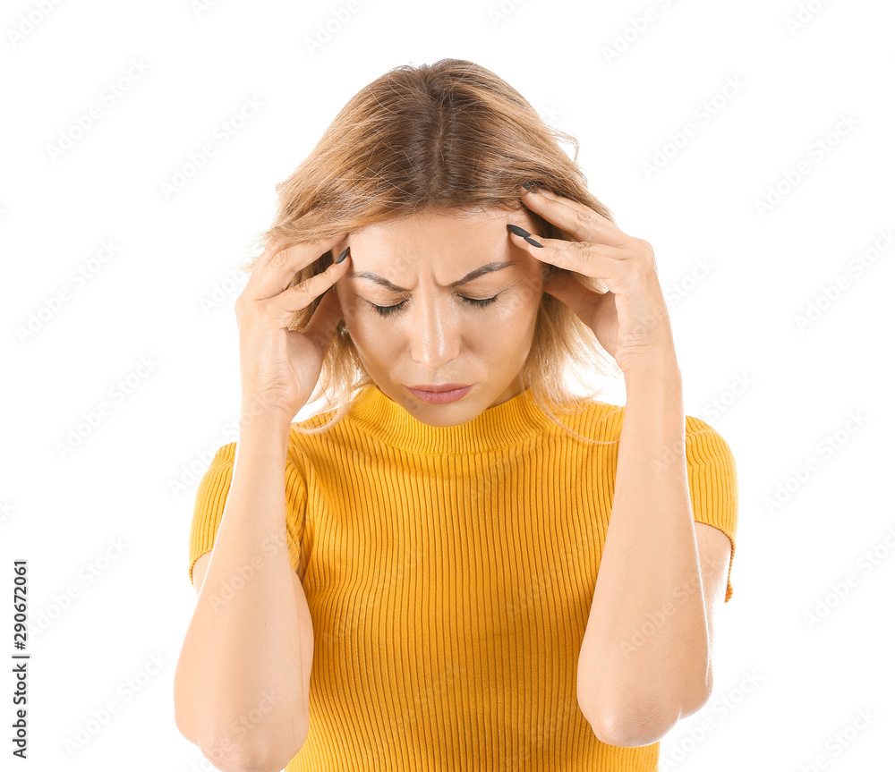 Portrait of beautiful stressed woman on white background Stock Photo ...