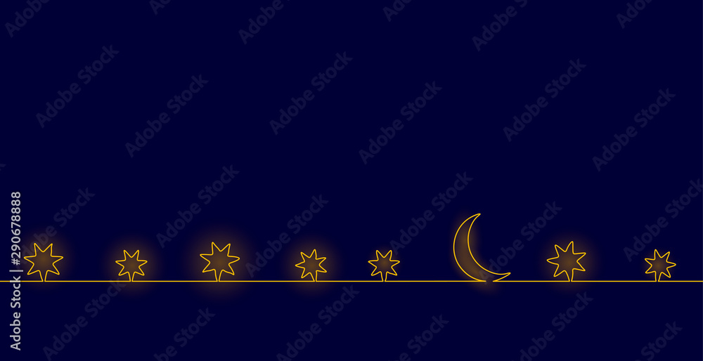 Single continuous one line art moon night. Sleep wall stars sky concept ...