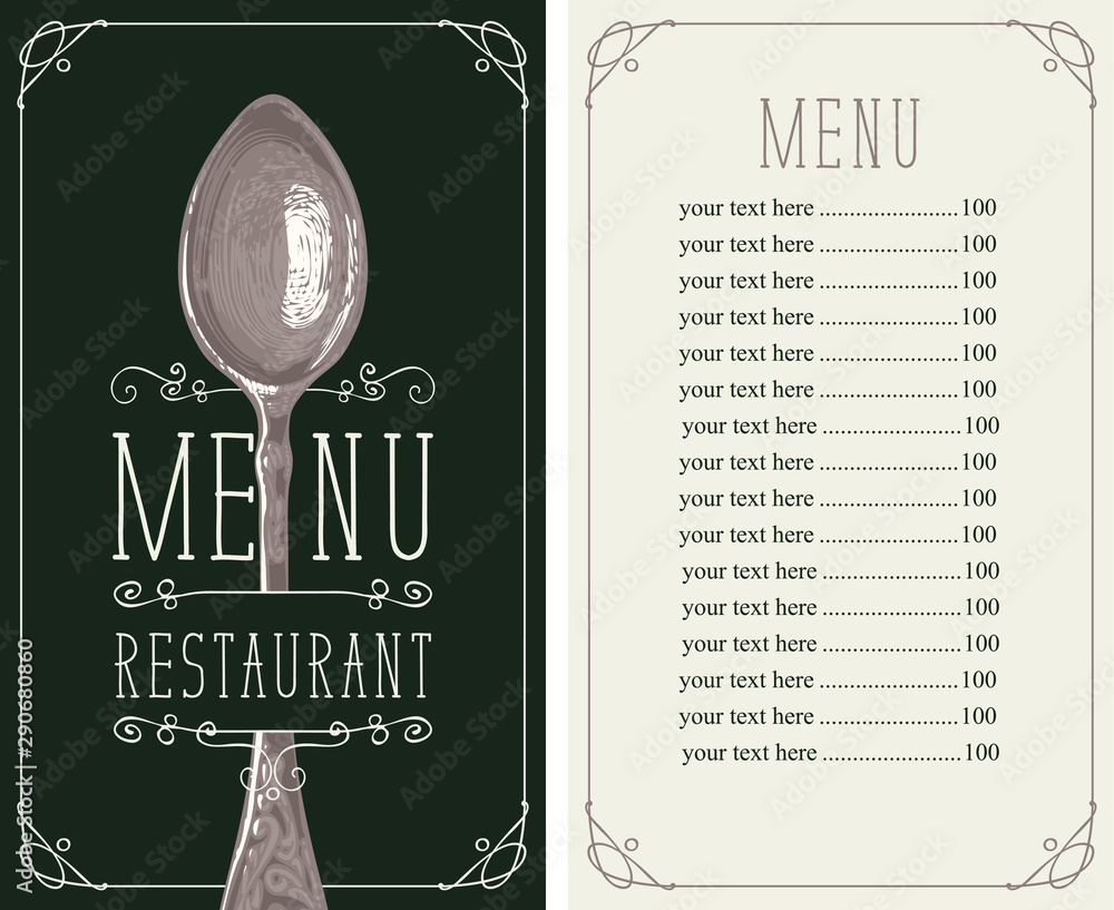 Vector template menu for restaurant with price list and realistic spoon ...