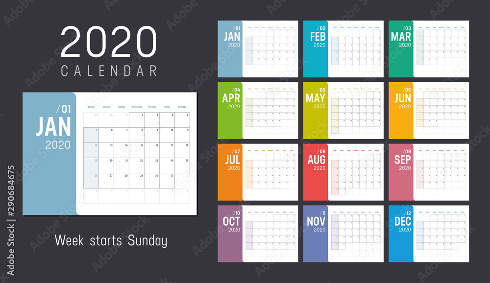 Colorful 2020 horizontal monthly calendar. Vector template. Stock ...