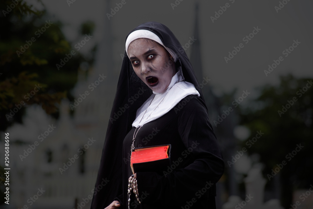 Rendering of a ghost nun or demon in the dark mysterious at the ...