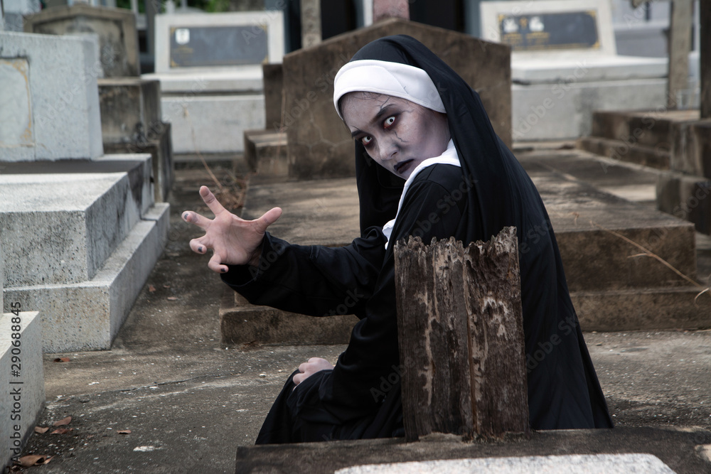 Rendering of a ghost nun or demon in the mysterious at the Churchyard ...