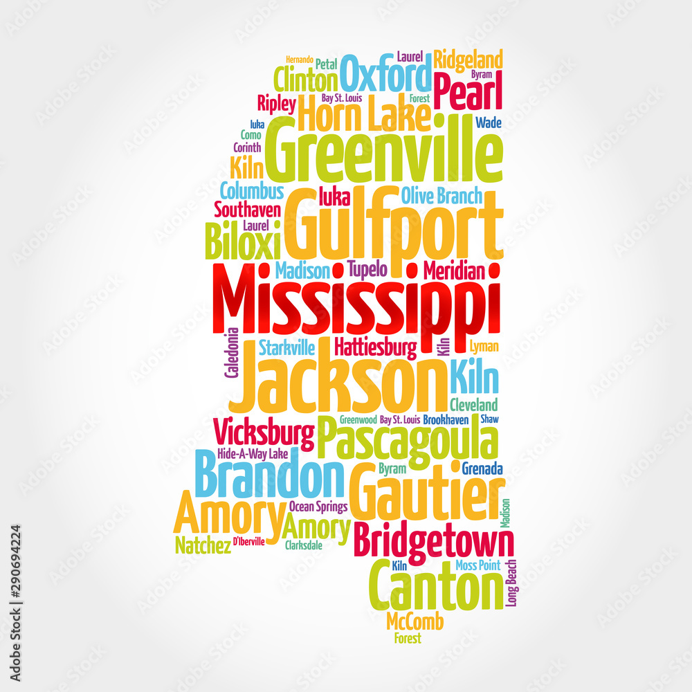 List of cities in Mississippi USA state, map silhouette word cloud map ...