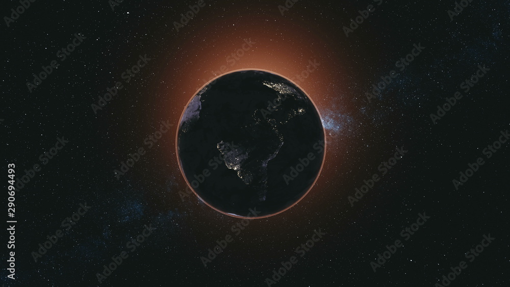 Rotate Planet Earth Zoom In Sun Beam Illuminate. Celestial Galaxy ...