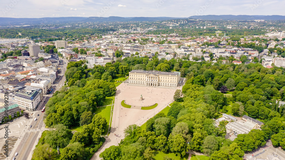 Oslo, Norway. Royal Palace. Slottsplassen. Palace park, From Drone ...
