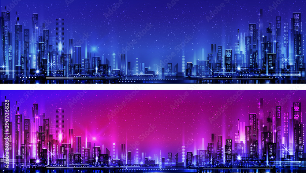 Vector night city illustration with neon glow and vivid colors Stock ...