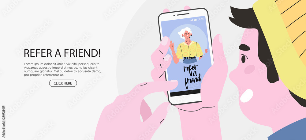 Refer a friend or refer and earn concept with a man holding phone with ...