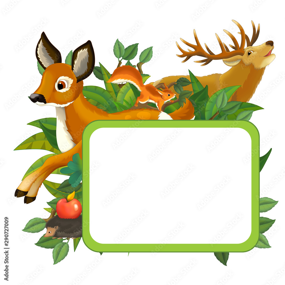 cartoon scene with nature frame and animals deer squirrel hedgehog ...