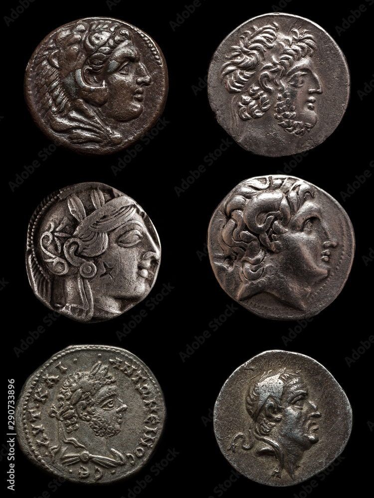 Collage made of high quality images of authentic greek silver ancient ...