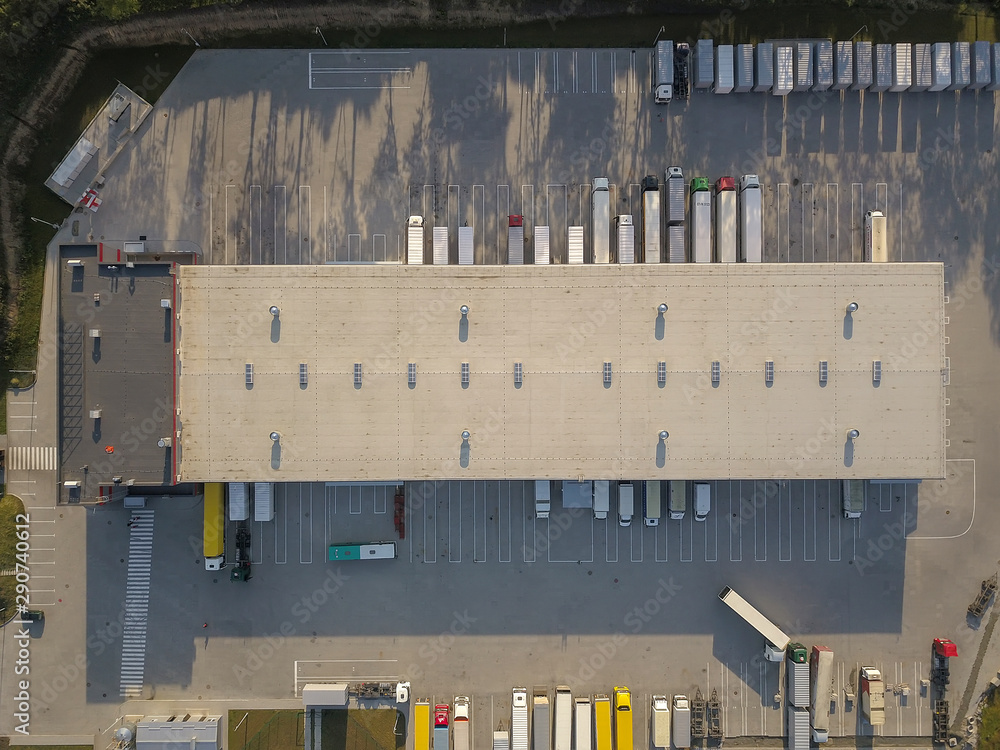 Aerial view of goods warehouse. Logistics center in industrial city ...