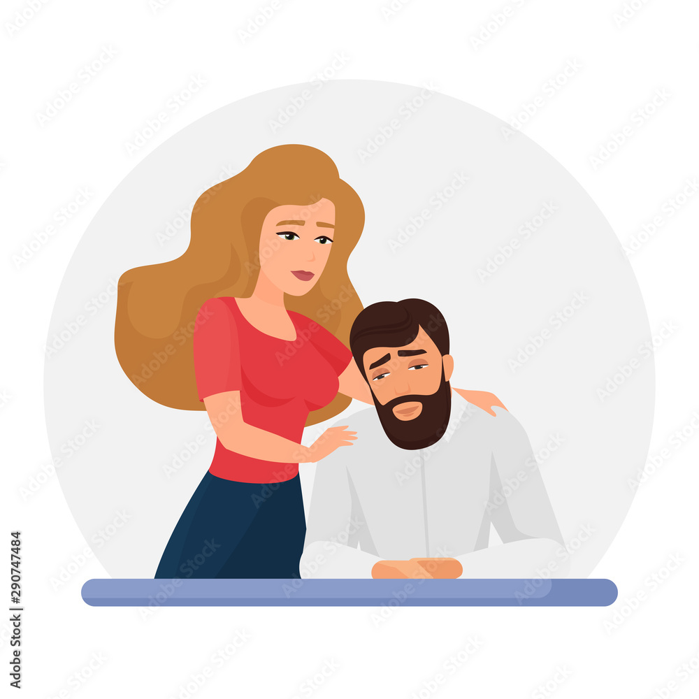 Wife supporting depressed husband flat vector illustration. Mental ...