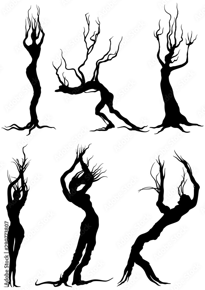 Humanoid trees silhouettes set/ Illustration fantasy bizarre trees ...