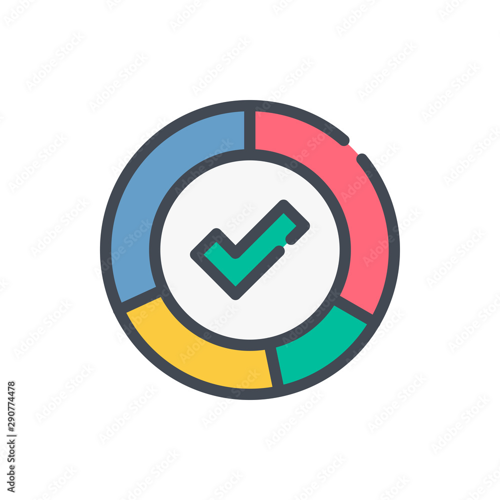 Stats report with check mark color line icon. Approved statistics ...