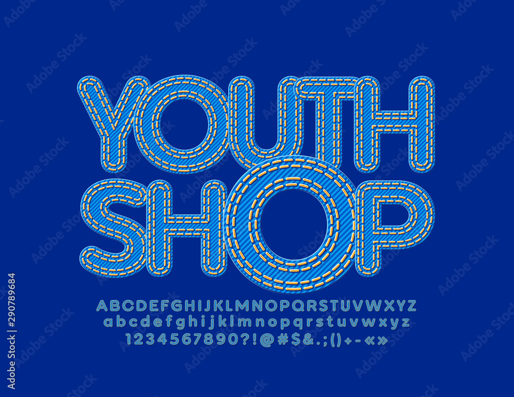 Vector stylish Sign Youth Shop. Fabric Children Font. Blue Jeans ...
