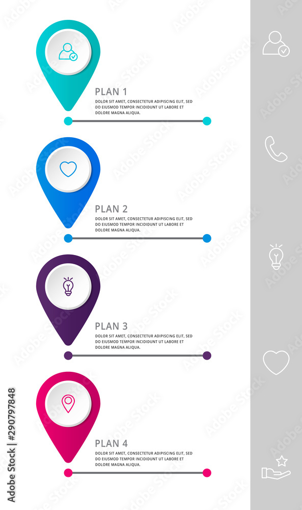 Vector modern infographic flat template pin for four paper label ...