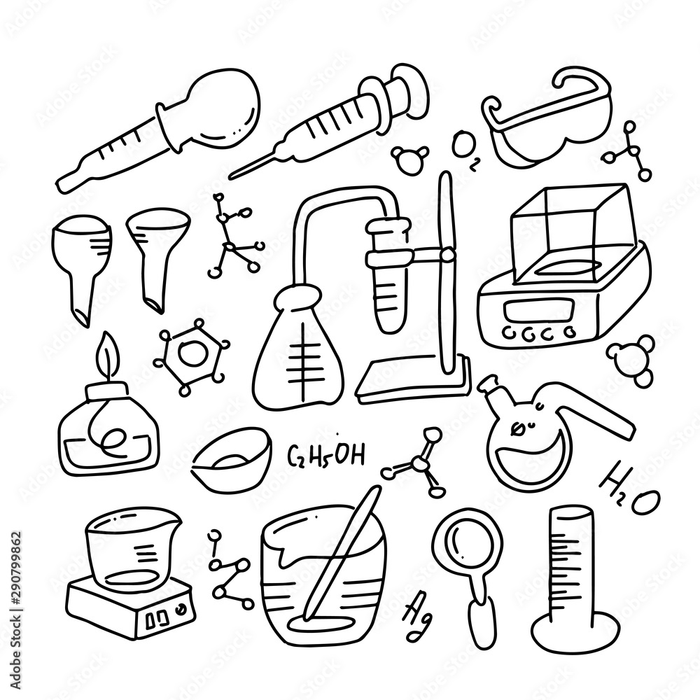 Set of laboratory equipment in black and white outlined doodle style ...