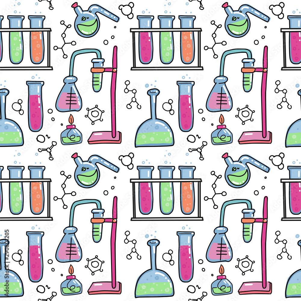 Seamless pattern of decorative color hand drawn chemical lab scientific ...