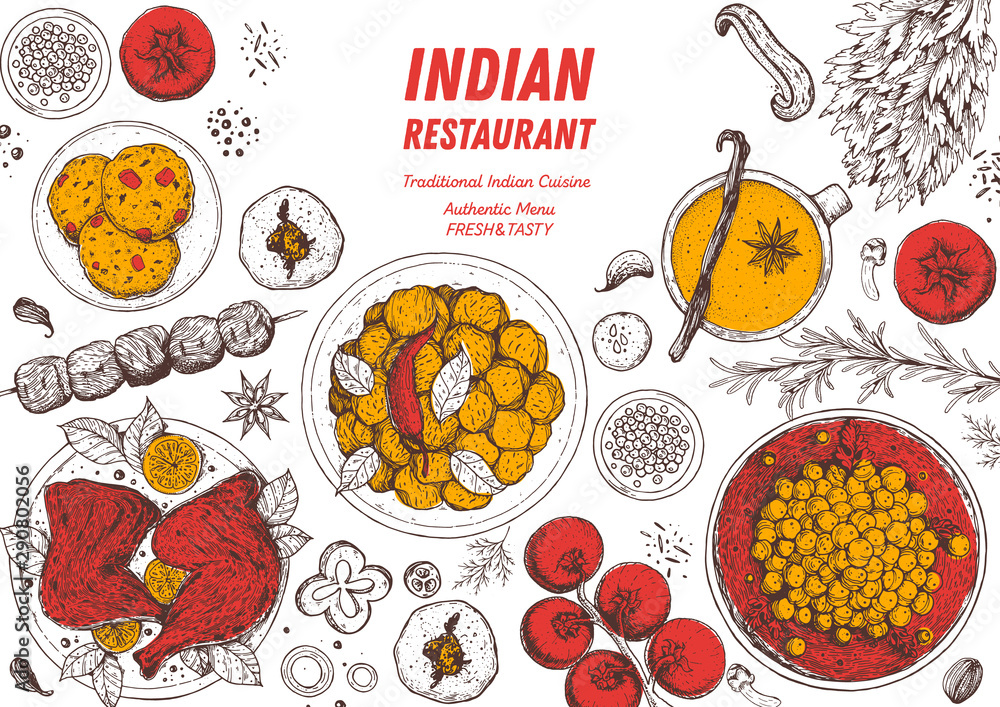 Indian food illustration. Hand drawn sketch. Indian cuisine. Doodle ...