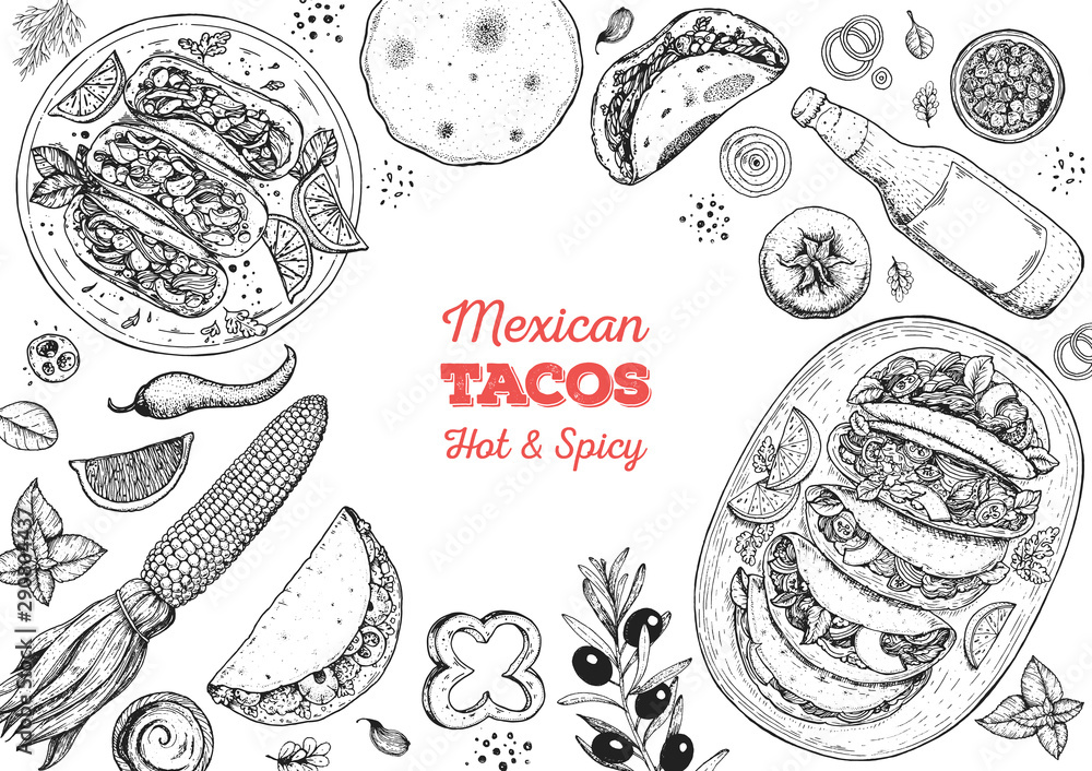 Tacos cooking and ingredients for tacos, sketch illustration. Mexican ...