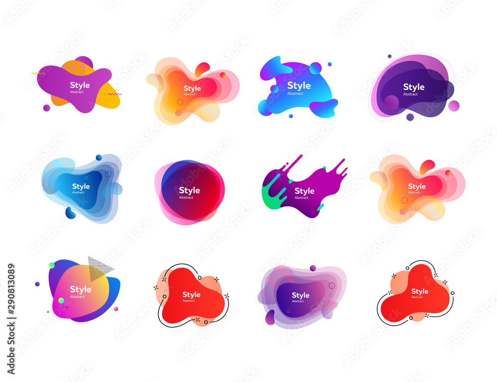 Neon colored liquid figures set. Modern abstract shapes and lines with ...