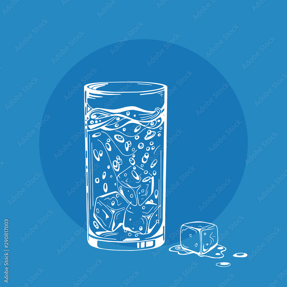 Vector transparent glass of water with water bubbles and cubes ice ...