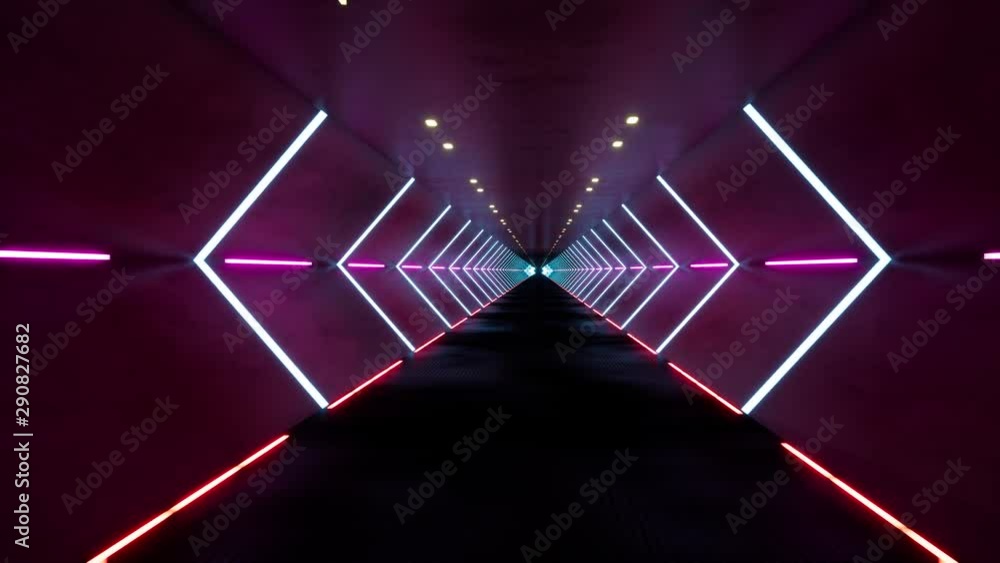 Tunnel with bright neon lights 3d seamless footage. Fast moving effect ...