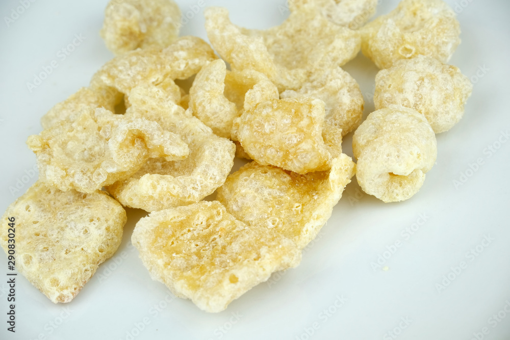 Crispy Pork rinds also known as chicharrones, snack and appetizer Stock ...