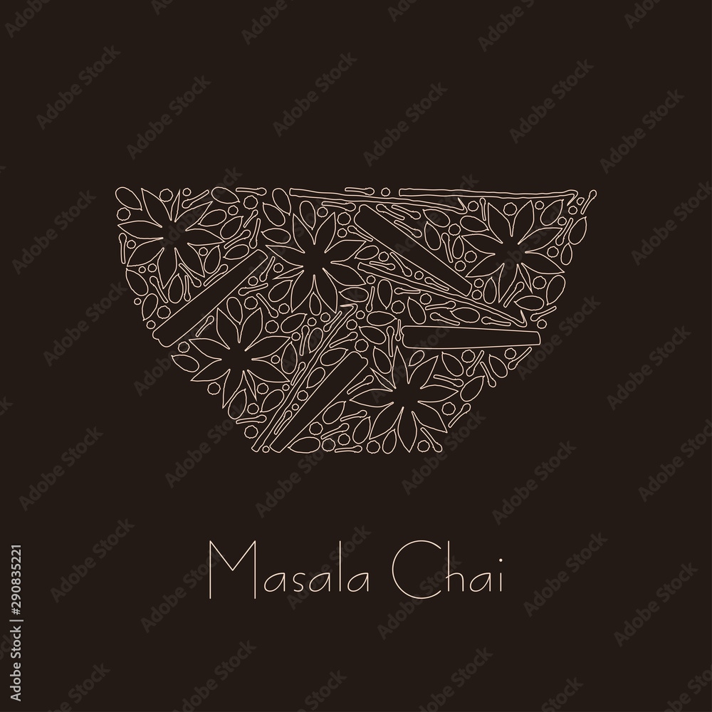 Vector tea cup consists of spices line silhouettes with Masala Chai ...