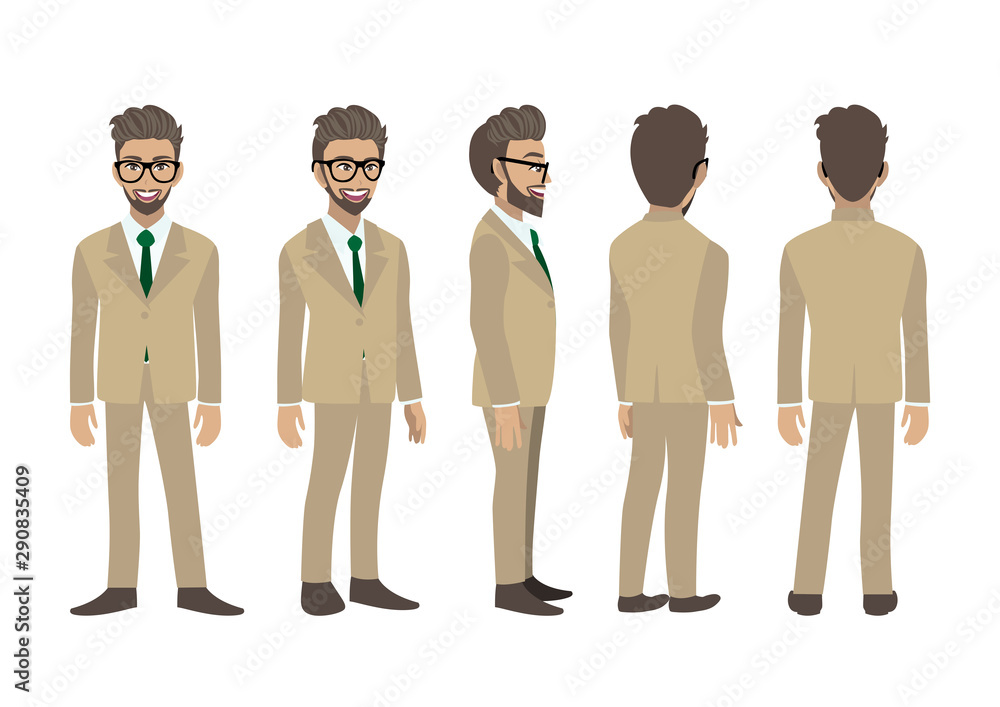 Cartoon character with business man. Front, side, back, 3-4 view ...