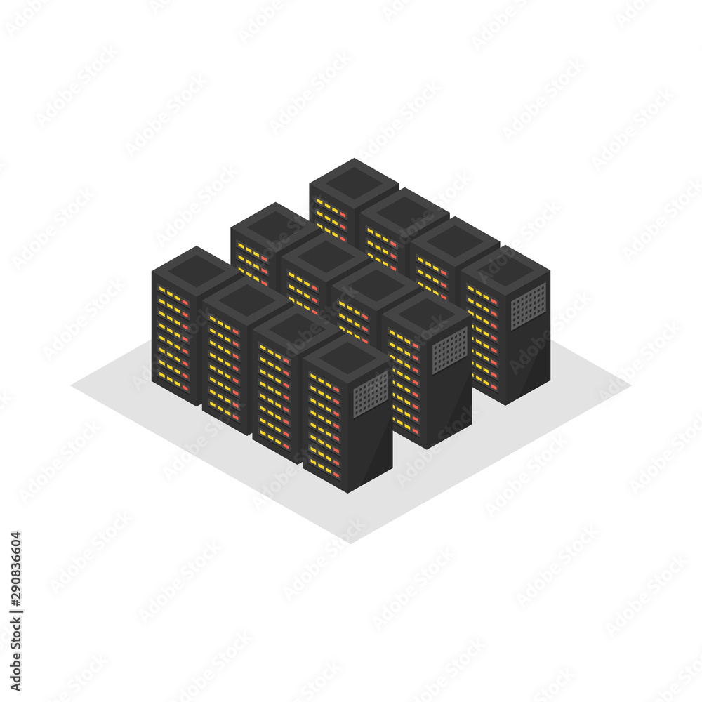 Computer database cloud servers. 3d telecommunication towers. Vector ...