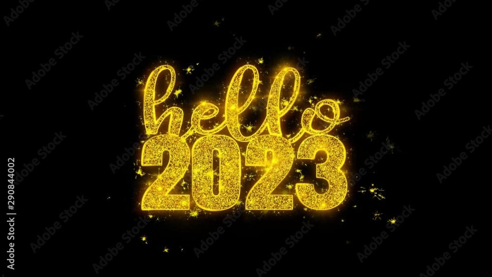 Hello 2023 New Year wish Text Sparks Glitter Particles on Black ...