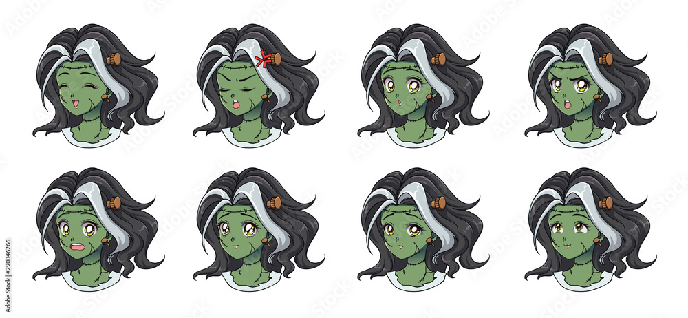 Halloween kawaii zombie girl with eight different face expression ...