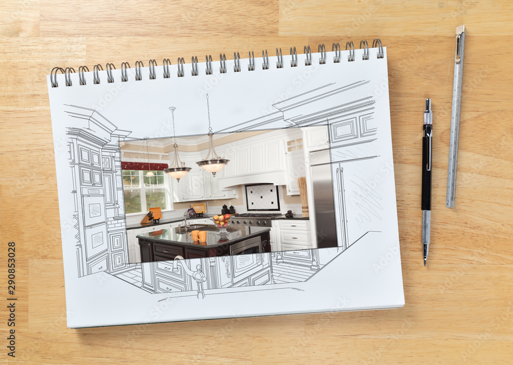 Sketch Pad on Desk with Drawing of Custom Kitchen and Square Section ...