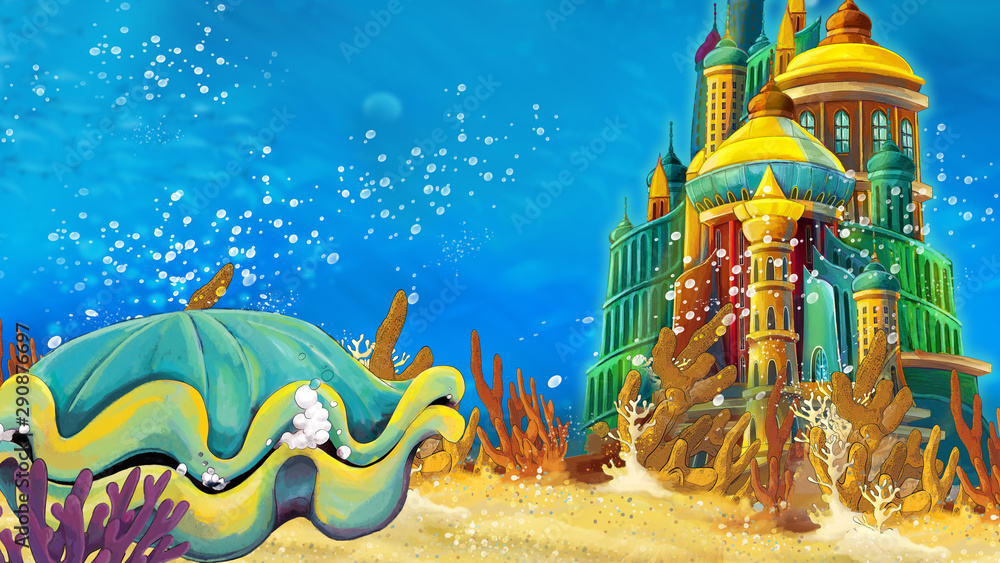 Cartoon underwater sea or ocean scene with castle - illustration for ...